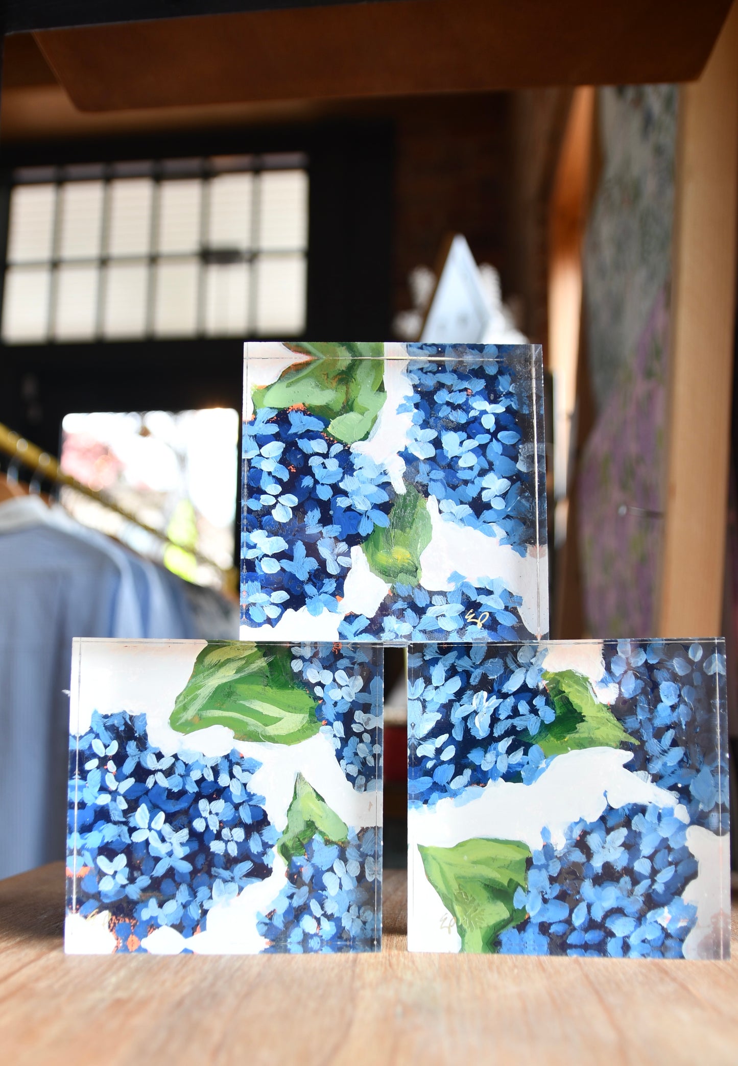 Hydrangea 4x4" Acrylic painting on Lucite – Bird & Brass